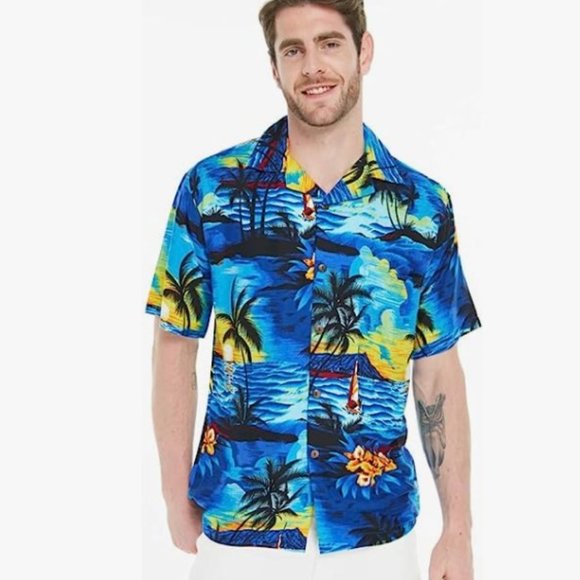 Shirts | Hawaiian Luau Mens Button Down Sunset Blue | Poshmark